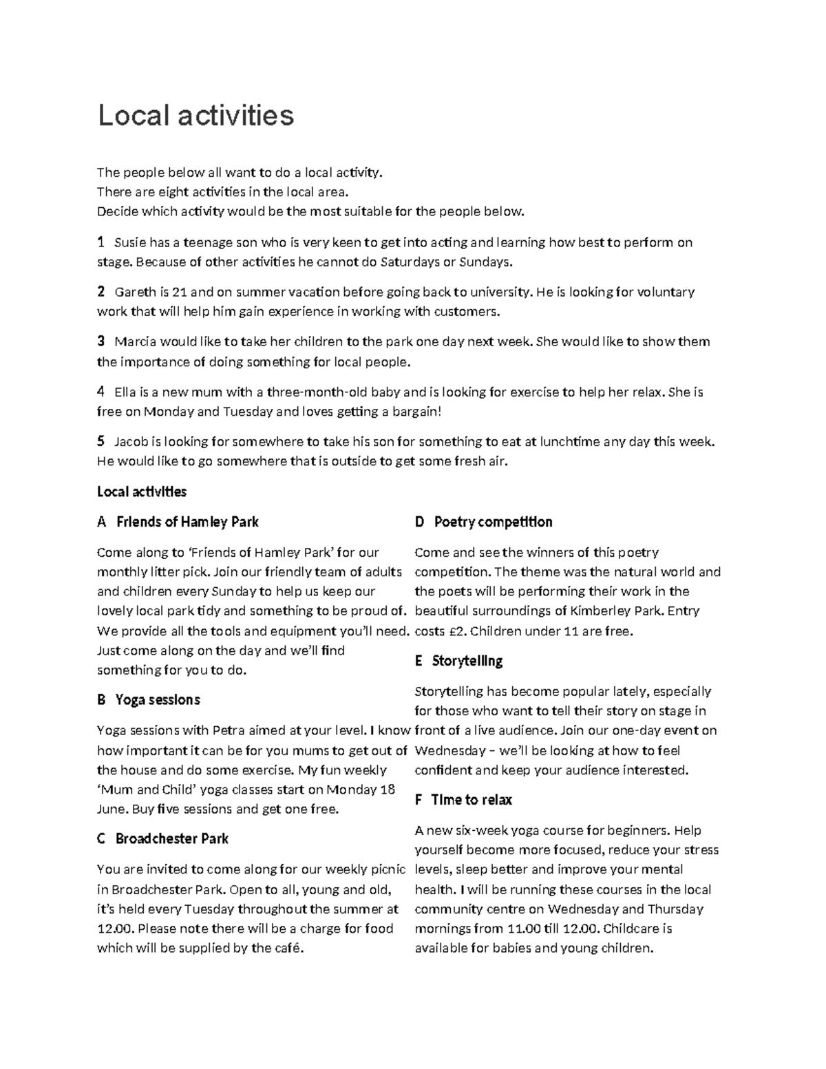 Practice 3: Choosing Local Activities for Different Needs - Studocu