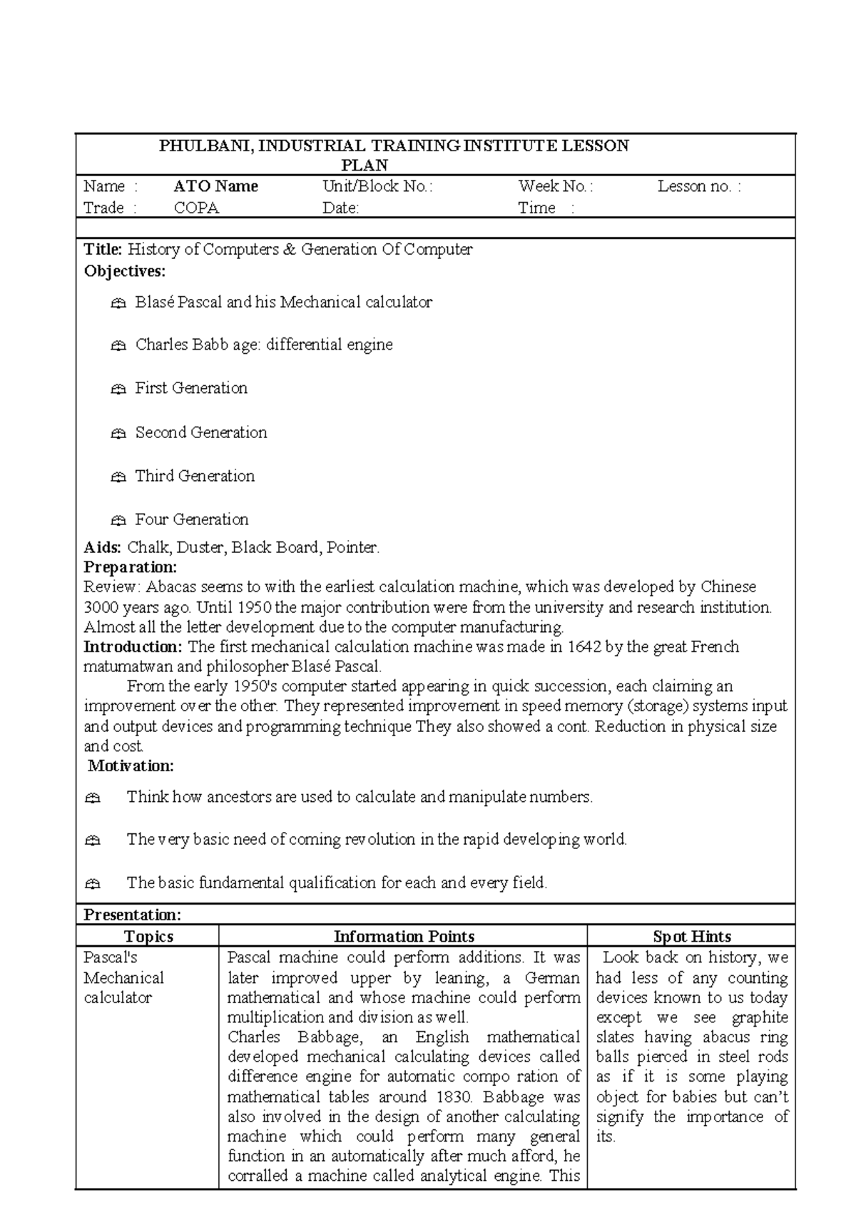 (CAM) Lesson Plan: History of Computers & Function of Computer - Studocu