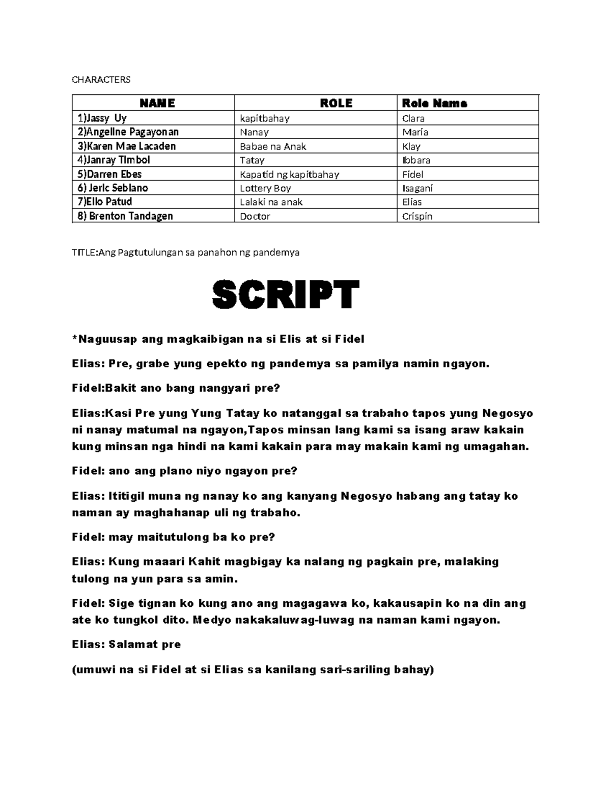 Script ROLE PLAY - CHARACTERS NAME ROLE Role Name 1)Jassy Uy kapitbahay ...