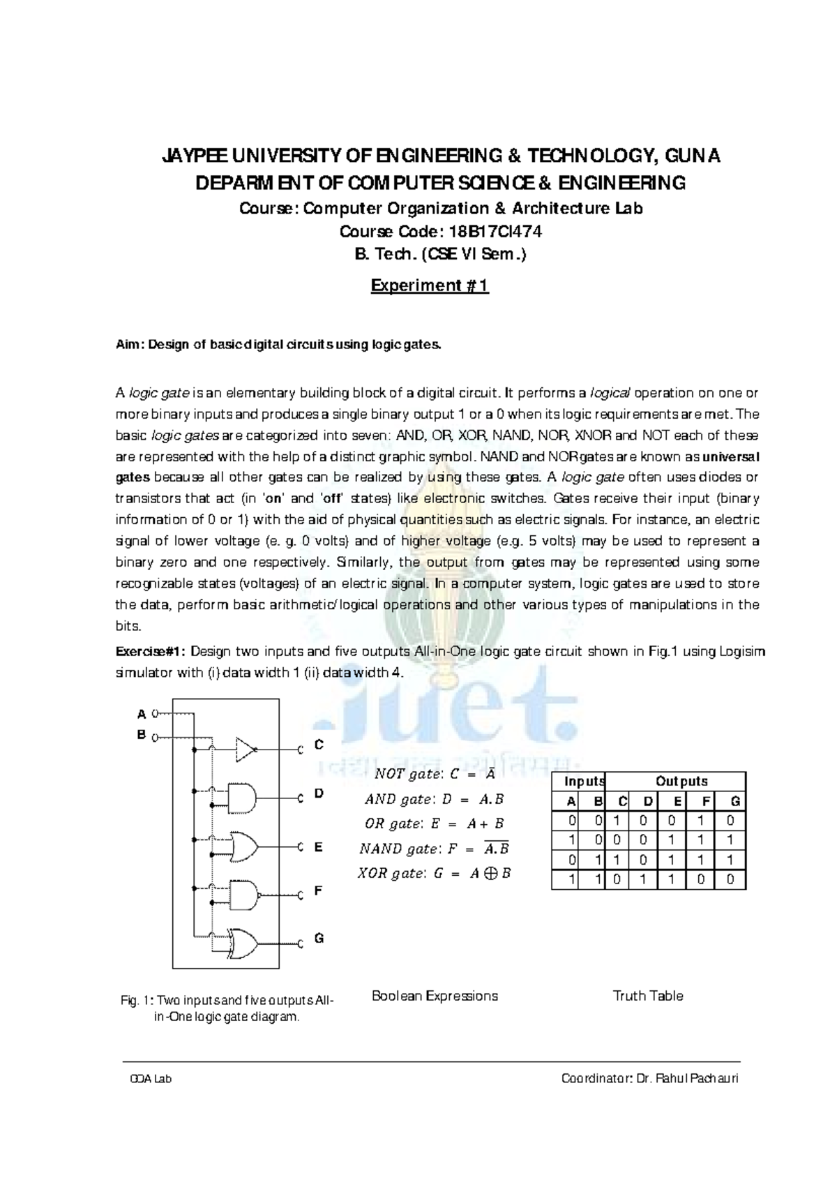 Experiment 1: Logic Gate Design - COA Lab 18 B17CI - Studocu