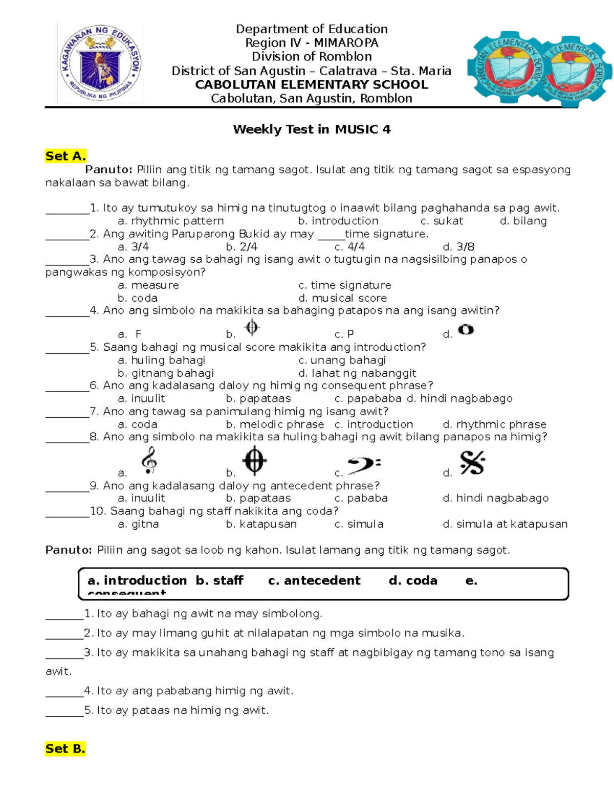 Weekly Test in MUSIC 4 - Quiz Set A, B & C Analysis - Studocu