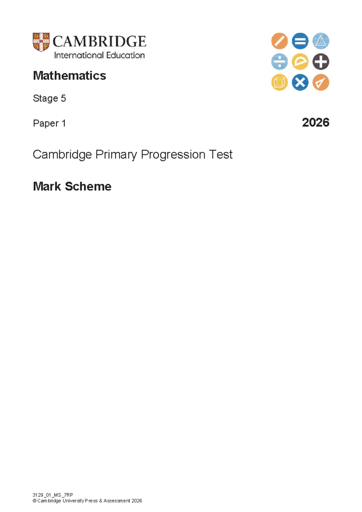Mathematics Stage 5 Paper 1 Mark Scheme 3129_01_MS_7RP - 2026 - Studocu