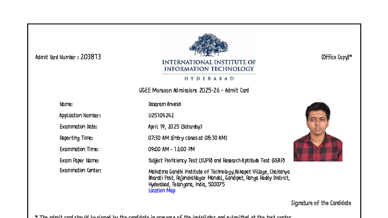 Admportal.iiit.ac - H ps - Admit Card Number : 203813 (Office Copy ...