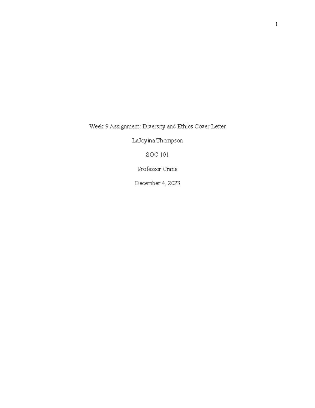 SOC101 Week 9 Diversity & Ethics Cover Letter Assignment - Studocu