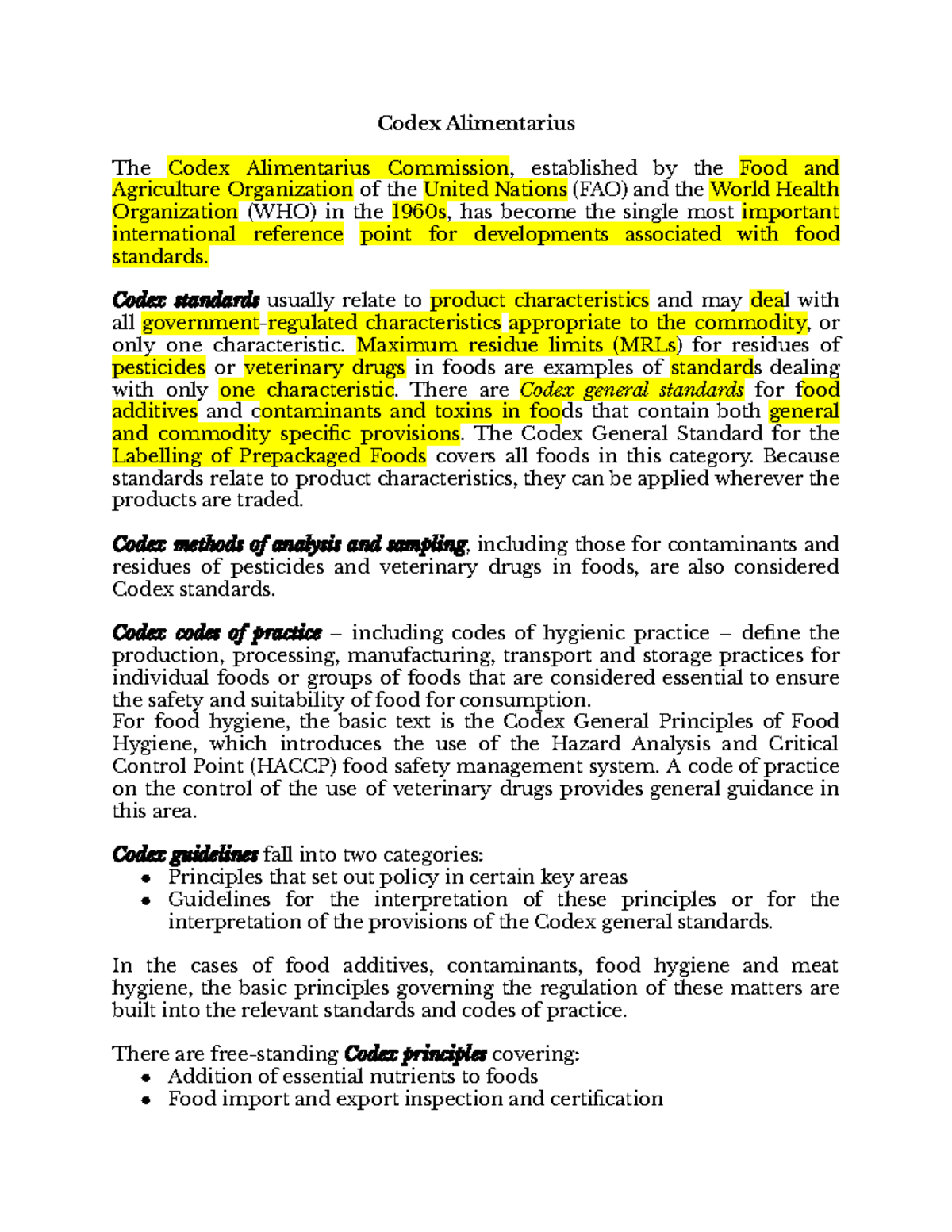 Codex Alimentarius: Overview of Food Standards and Practices - Studocu