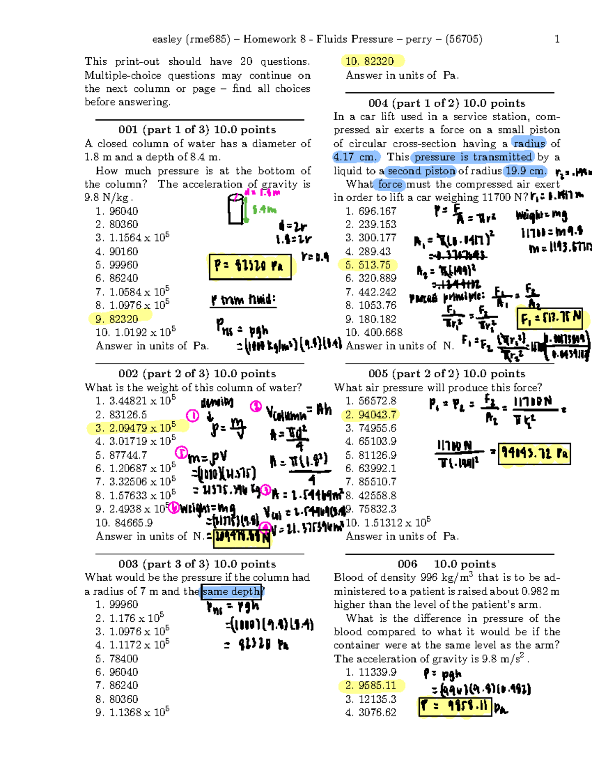 Homework 8 PHY 302K Fluid Pressure - This print-out should have 20 ...