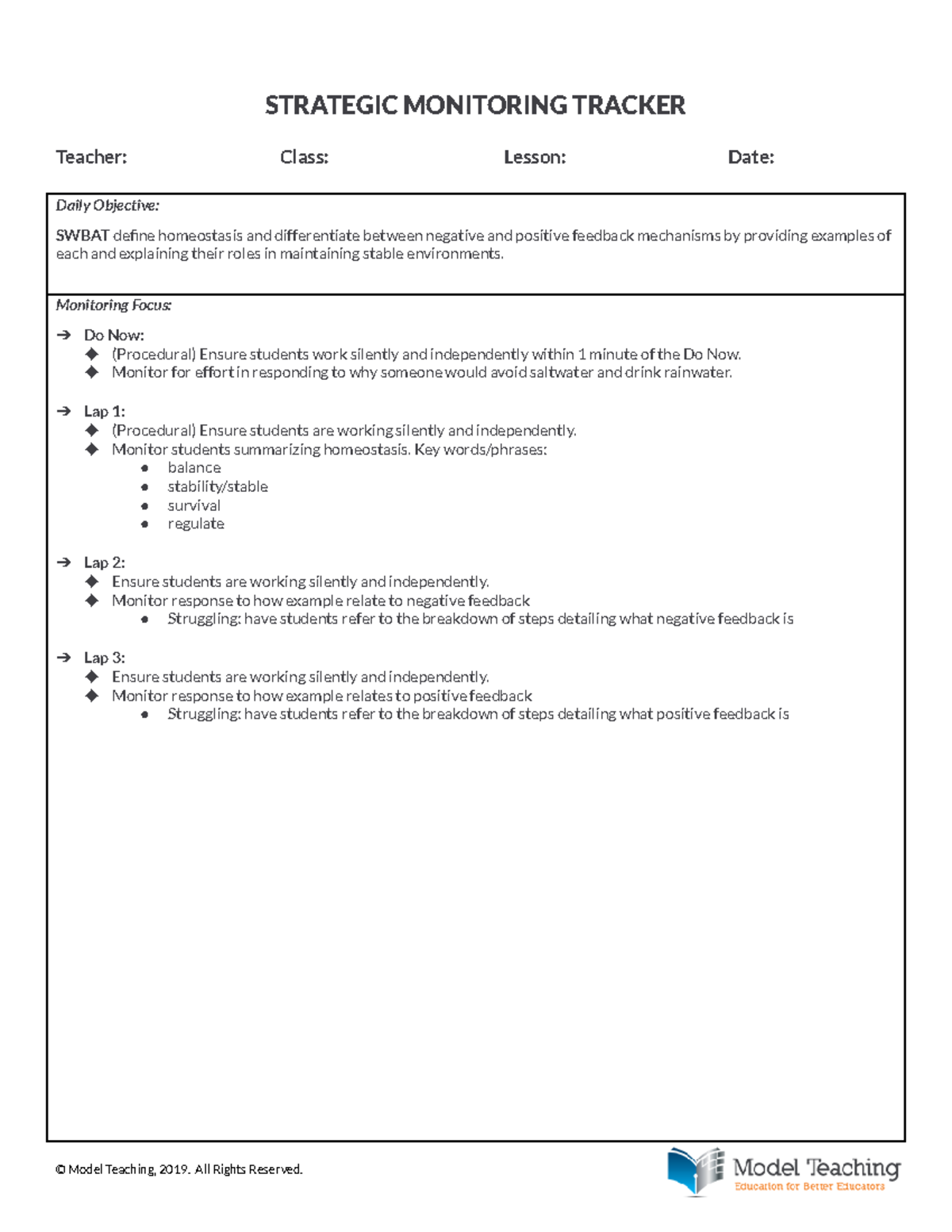 Strategic Monitoring Tracker for Lesson L45: Homeostasis Focus - Studocu