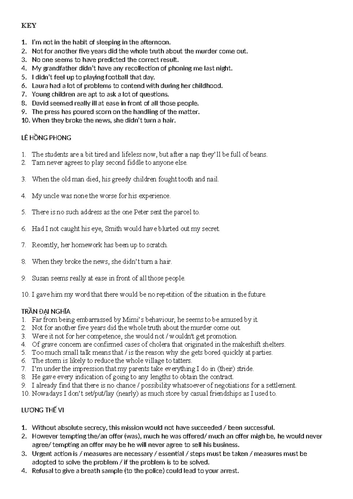 KEY - Sentence Transformation Exercises 2012 - Studocu