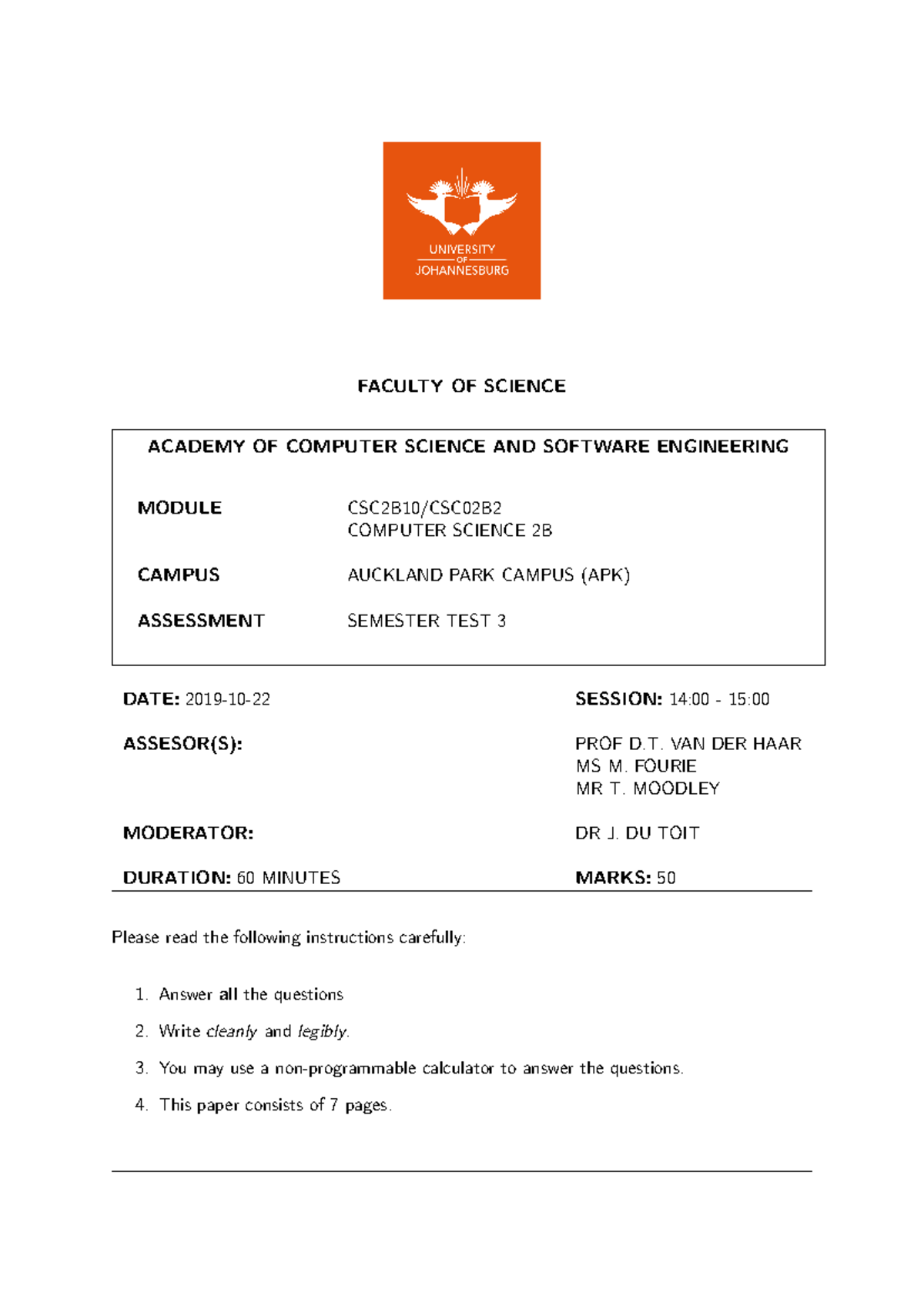 CSC2B10 2019 ST3 - Computer Science 2B Semester Test 3 Questions - Studocu