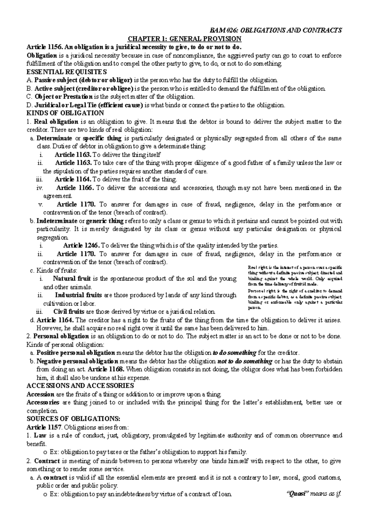 BAM 026 P1: Comprehensive Reviewer on Obligations & Contracts - Studocu