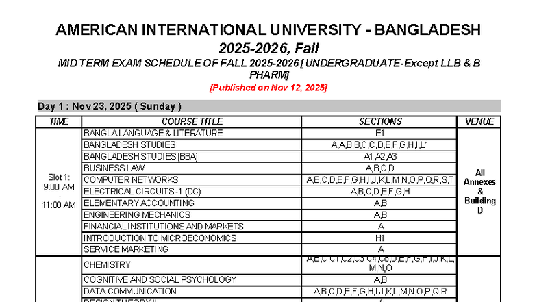 AIUB Fall 2025 Midterm Exam Schedule for LLB B Students - Studocu