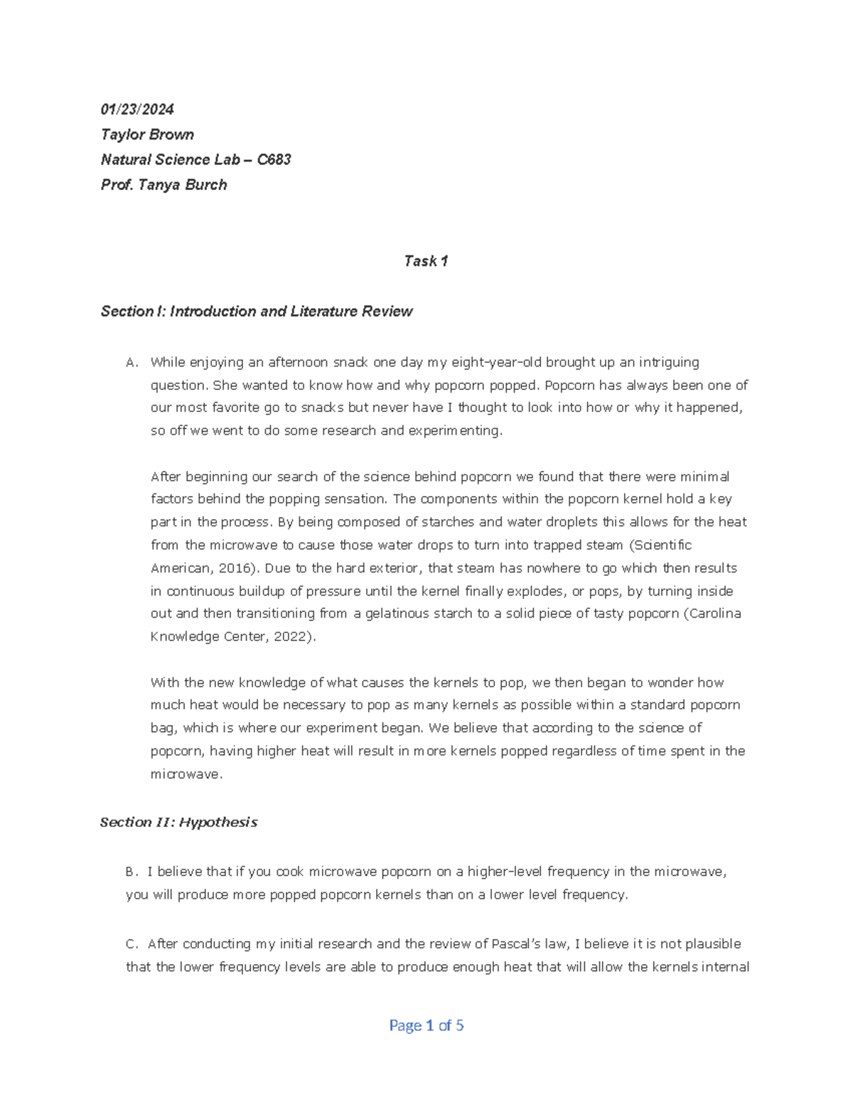 C683 Natural Science Lab: Popcorn Popping Experiment Task 1 - Studocu