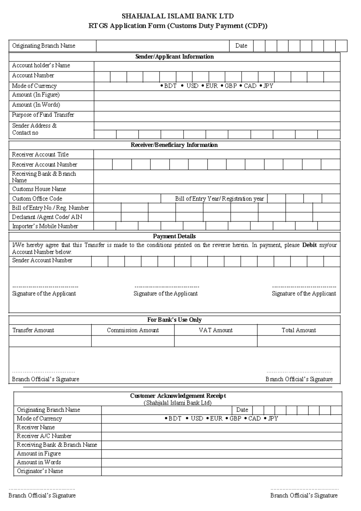 RTGS Application Form for Customs Duty Payment (CDP) - SHAHJALAL ISLAMI BANK LTD - Studocu