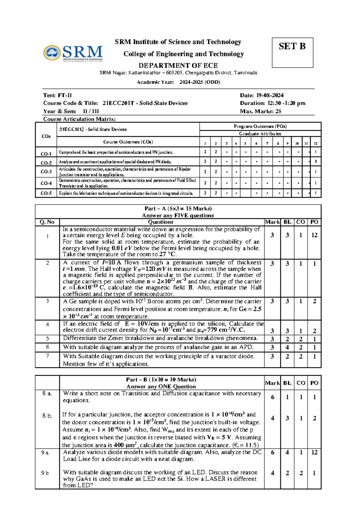 QP FT2 SET-B: Solid State Devices Exam Questions and Solutions - Studocu