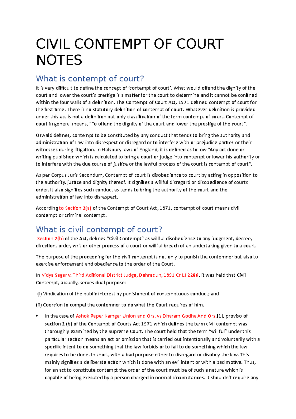 Ethics- Civil Contempt of Court: Definitions and Key Principles - Studocu