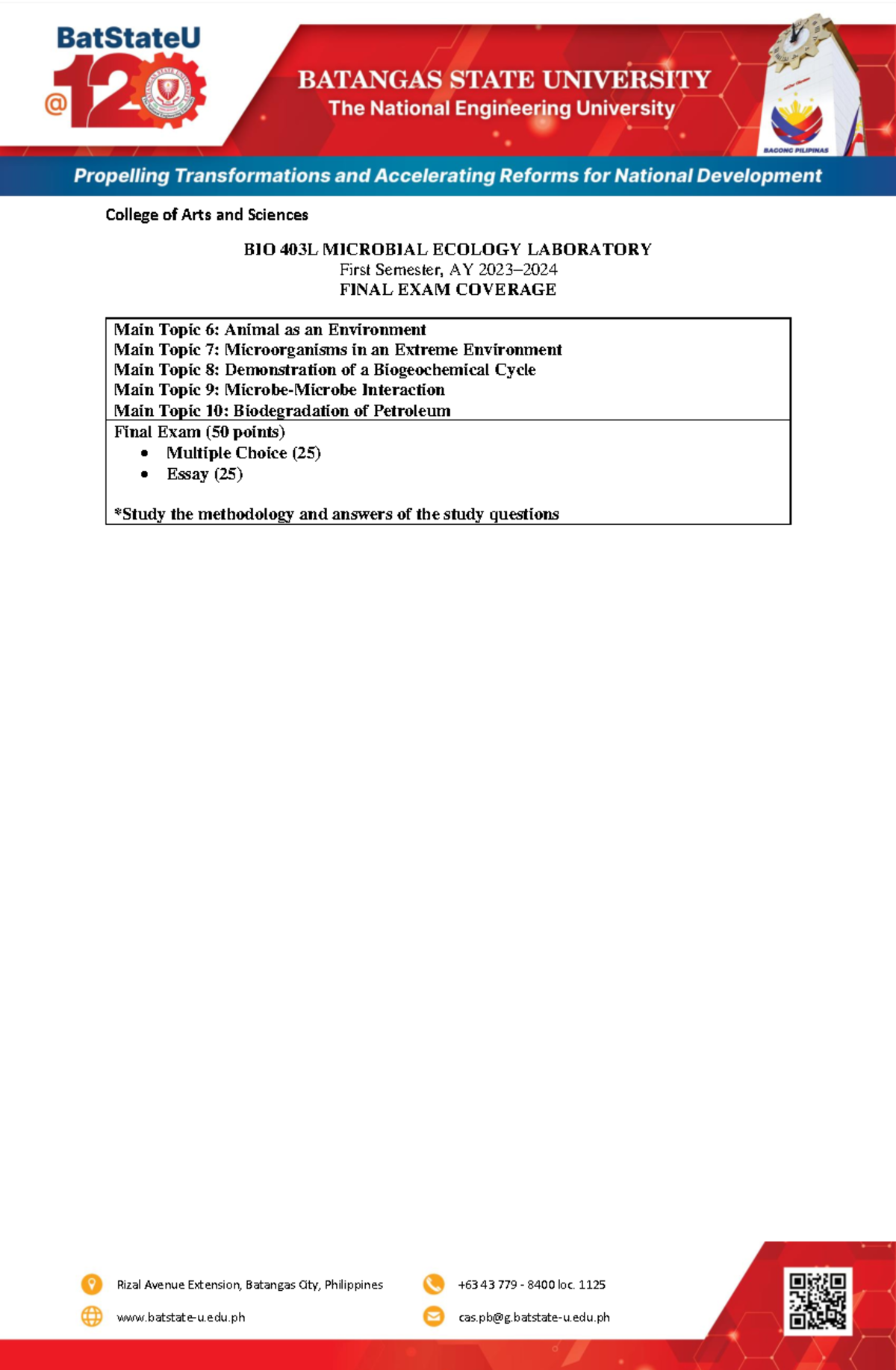 BIO 403L Final EXAM Coverage - College of Arts and Sciences Rizal Avenue Extension, Batangas ...