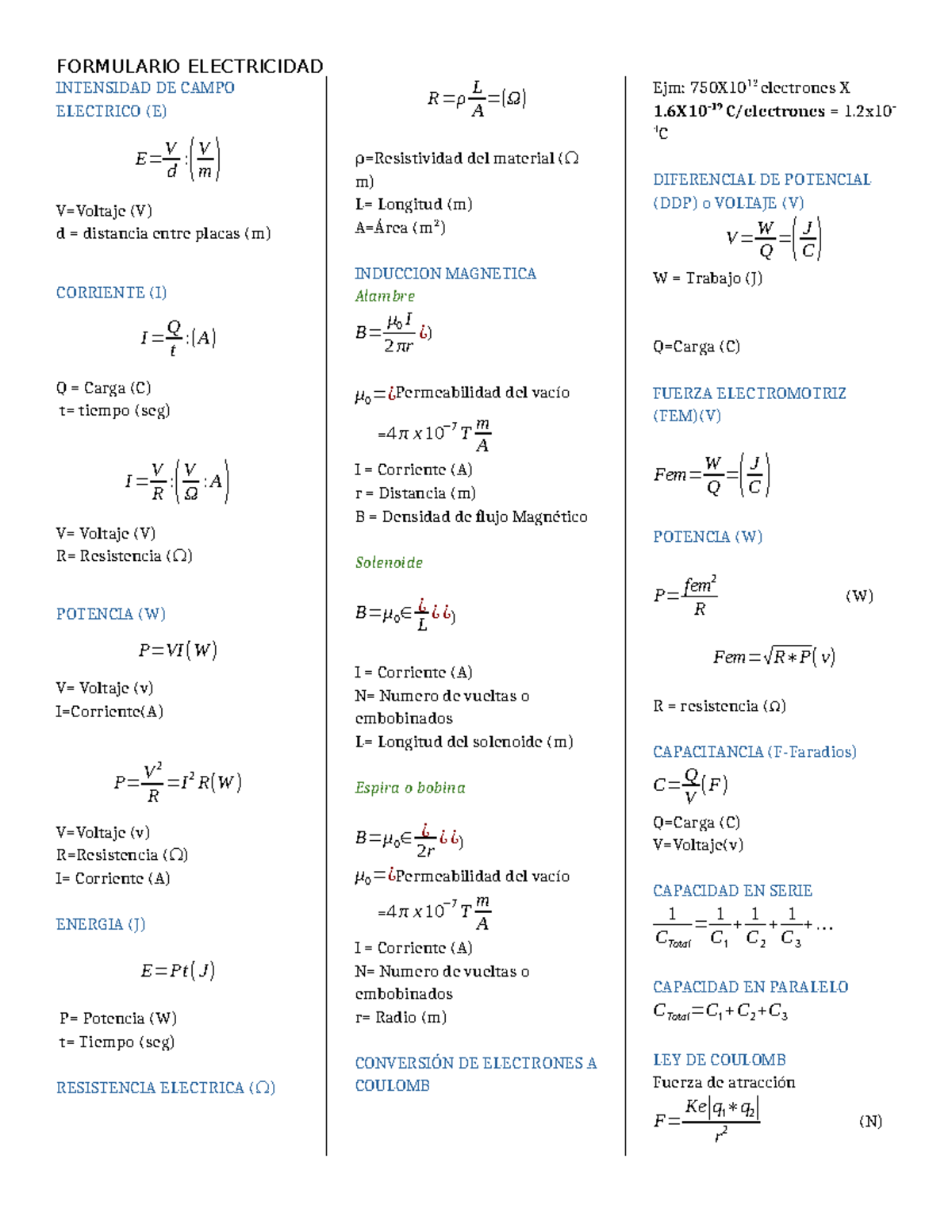 Formulario de Electricidad - FORMULARIO ELECTRICIDAD INTENSIDAD DE CAMPO ELECTRICO (E) E= V d ...