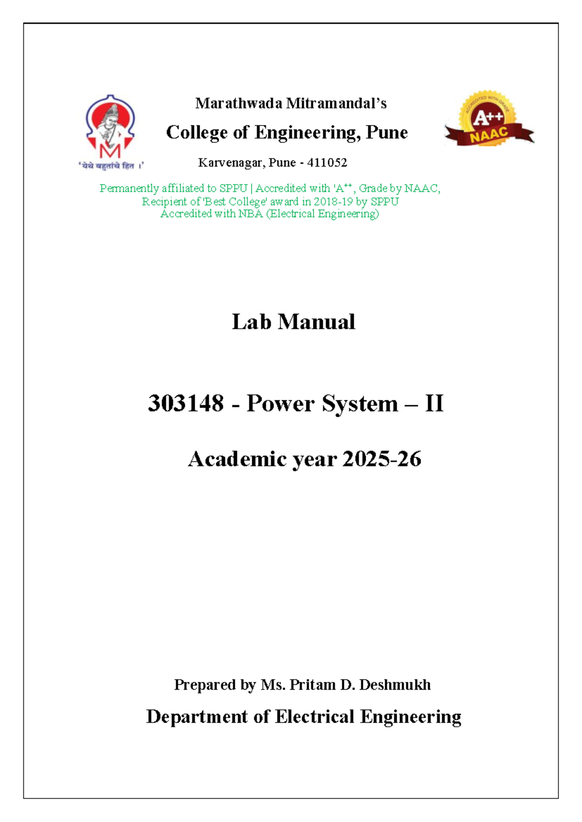 Power System II Lab Manual (303148) - Electrical Engineering - Studocu
