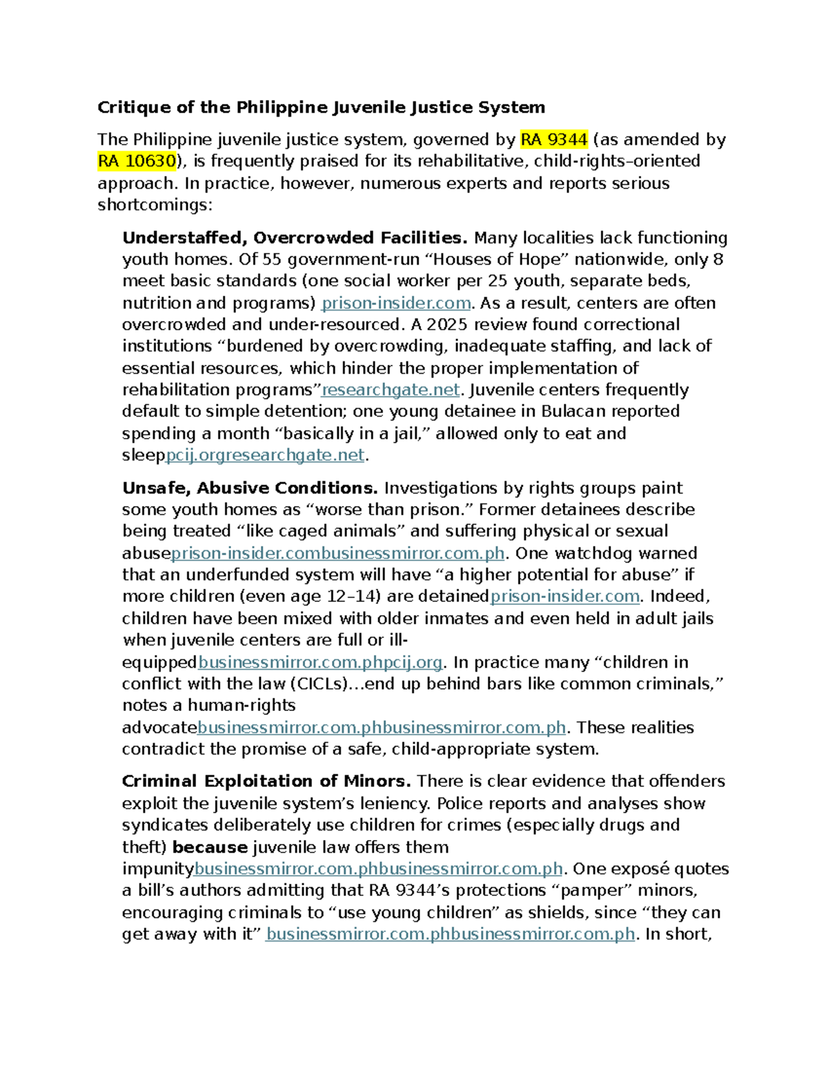 Critique of the Philippine Juvenile Justice System (RA 9344 & RA 10630 ...