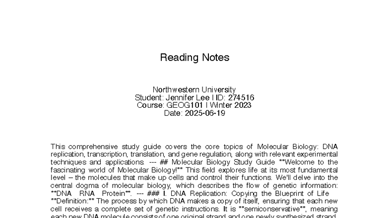 GEOG101 Winter 2023: Molecular Biology Study Guide Notes - Studocu