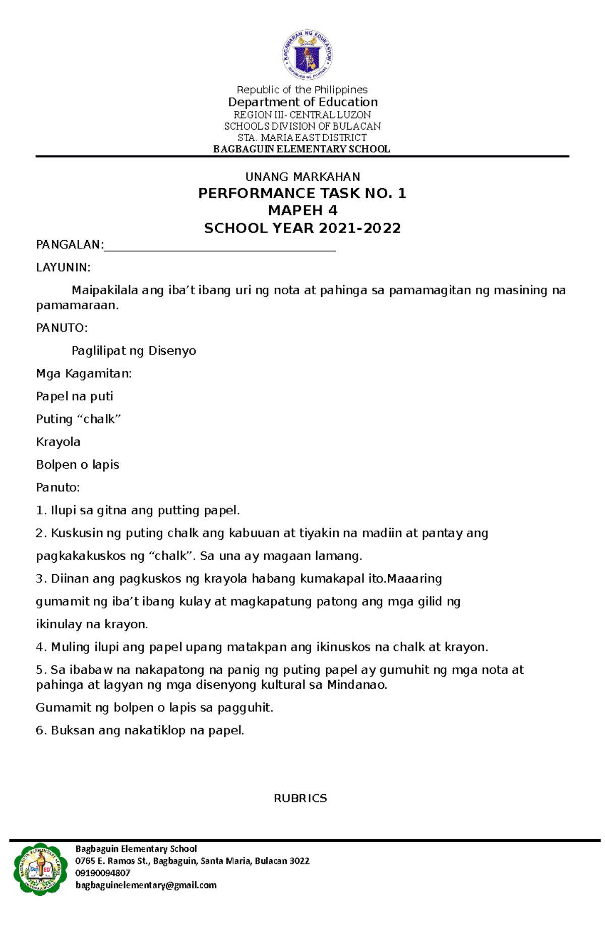 MAPEH 4 1ST Performance Task: Cultural Art & Music Exploration - Studocu