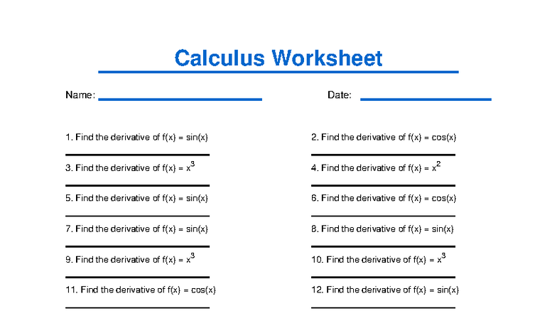 Calculus Worksheet 8: Derivatives Practice and Solutions - Studocu