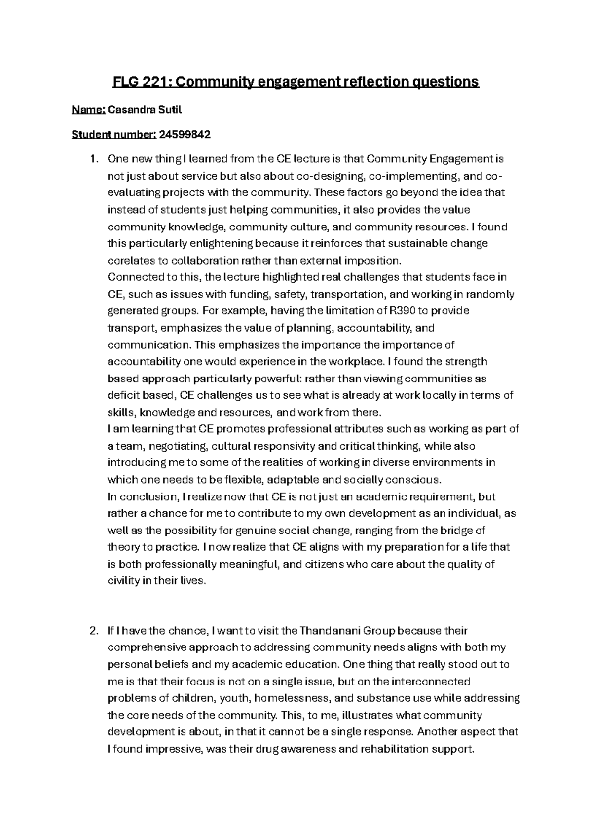 FLG 221: Community Engagement Reflection and Insights - Studocu