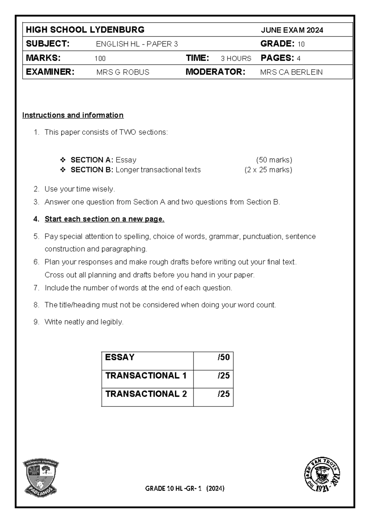 June 2024 English HL Grade 10 Exam Paper 3 Overview and Instructions ...