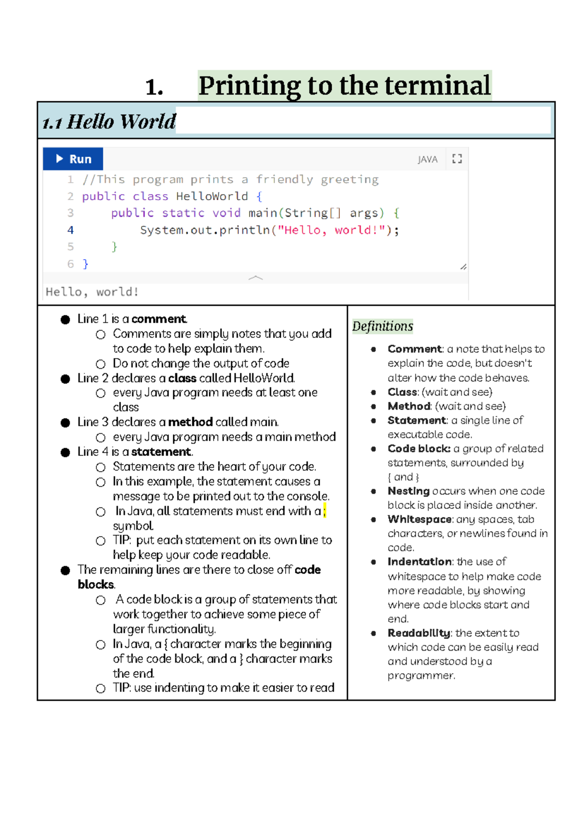 Week 2 - Programming Fundamentals - 1. Printing to the terminal 1 Hello ...