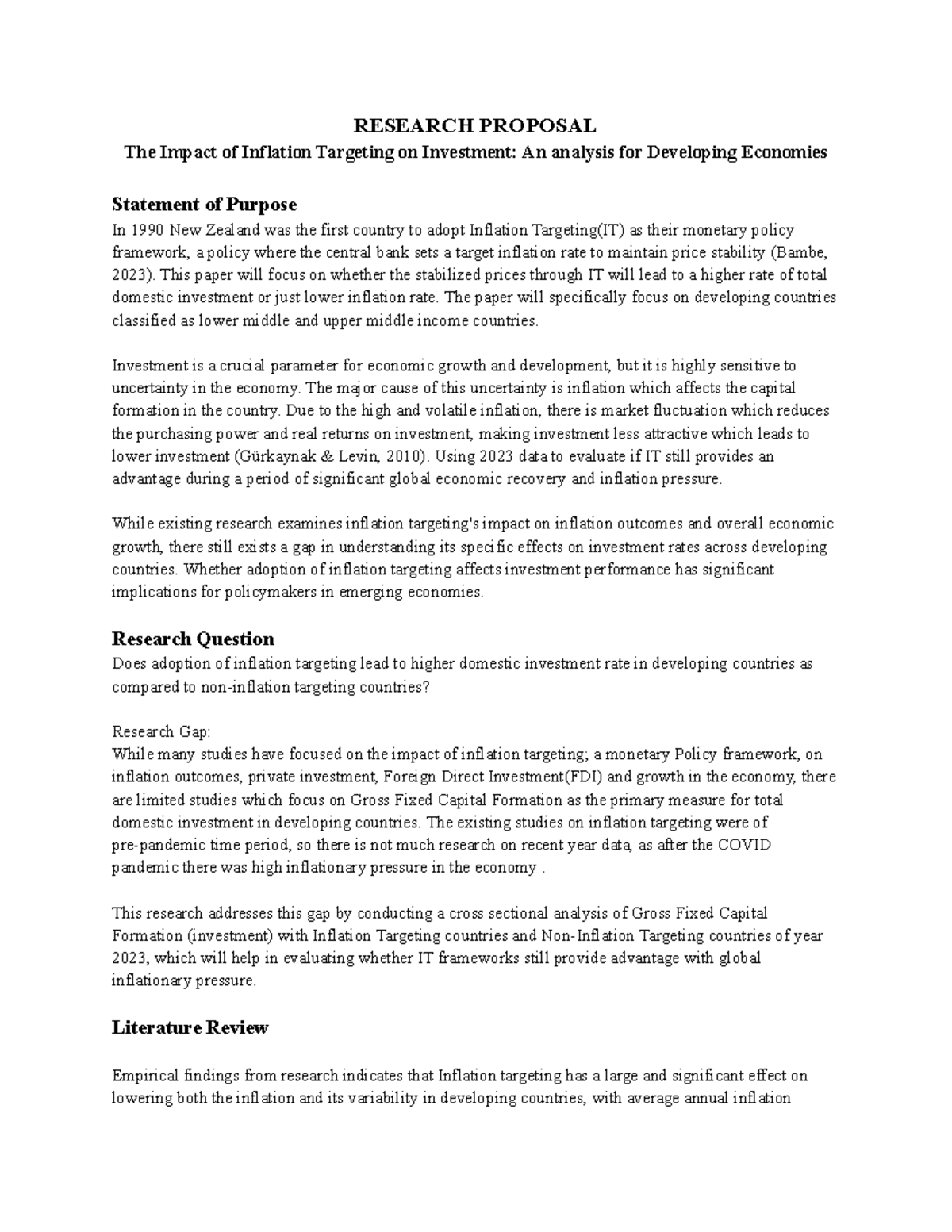 RM IA-1 Research Proposal: Impact of Inflation Targeting on Investment ...