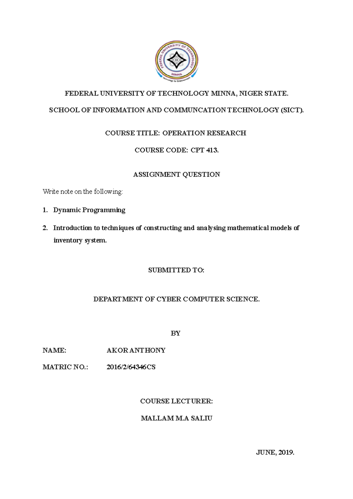 Dynamic Programming - FEDERAL UNIVERSITY OF TECHNOLOGY MINNA, NIGER ...