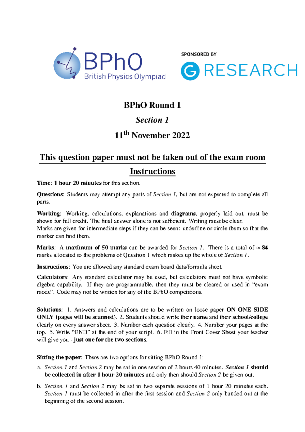 BPhO Round 1 2022 Nov - Section 1 Question Paper and Instructions - Studocu