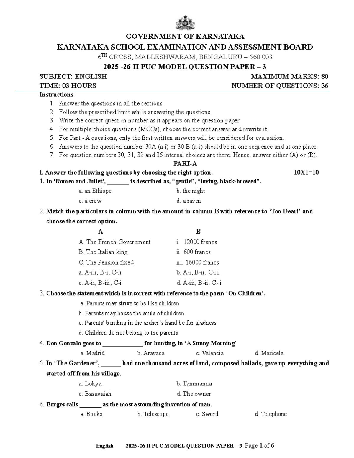 2025 II PUC ENGLISH MODEL QUESTION PAPER 3: Comprehensive Guide - Studocu