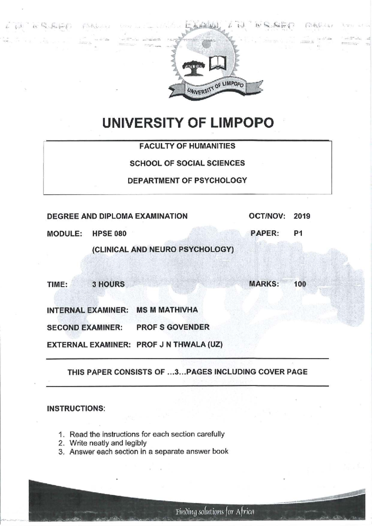 HPSE 080 Clinical & Neuro Psychology Exam Paper - Oct-Nov 2019 - Studocu