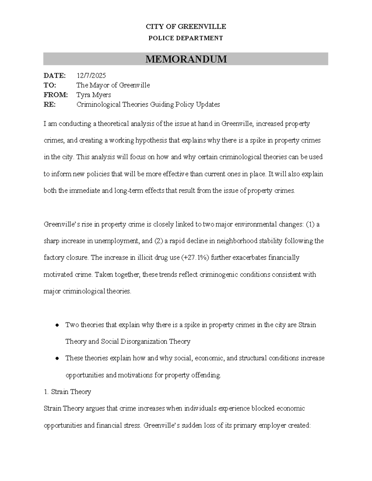 CJ 306 Memo: Criminological Theories on Greenville's Property Crime ...