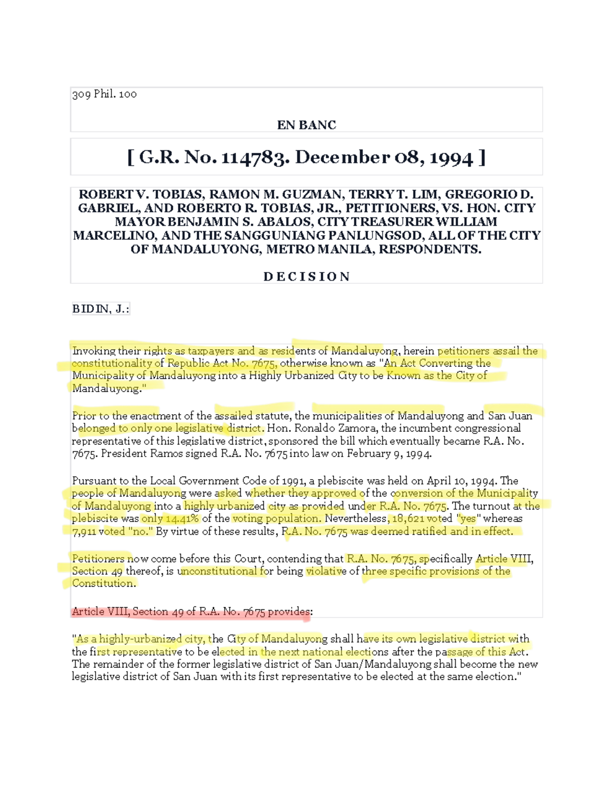 309 Phil. 100 EN BANC G.R. No. 114783: R.A. No. 7675 Decision Digest - Studocu