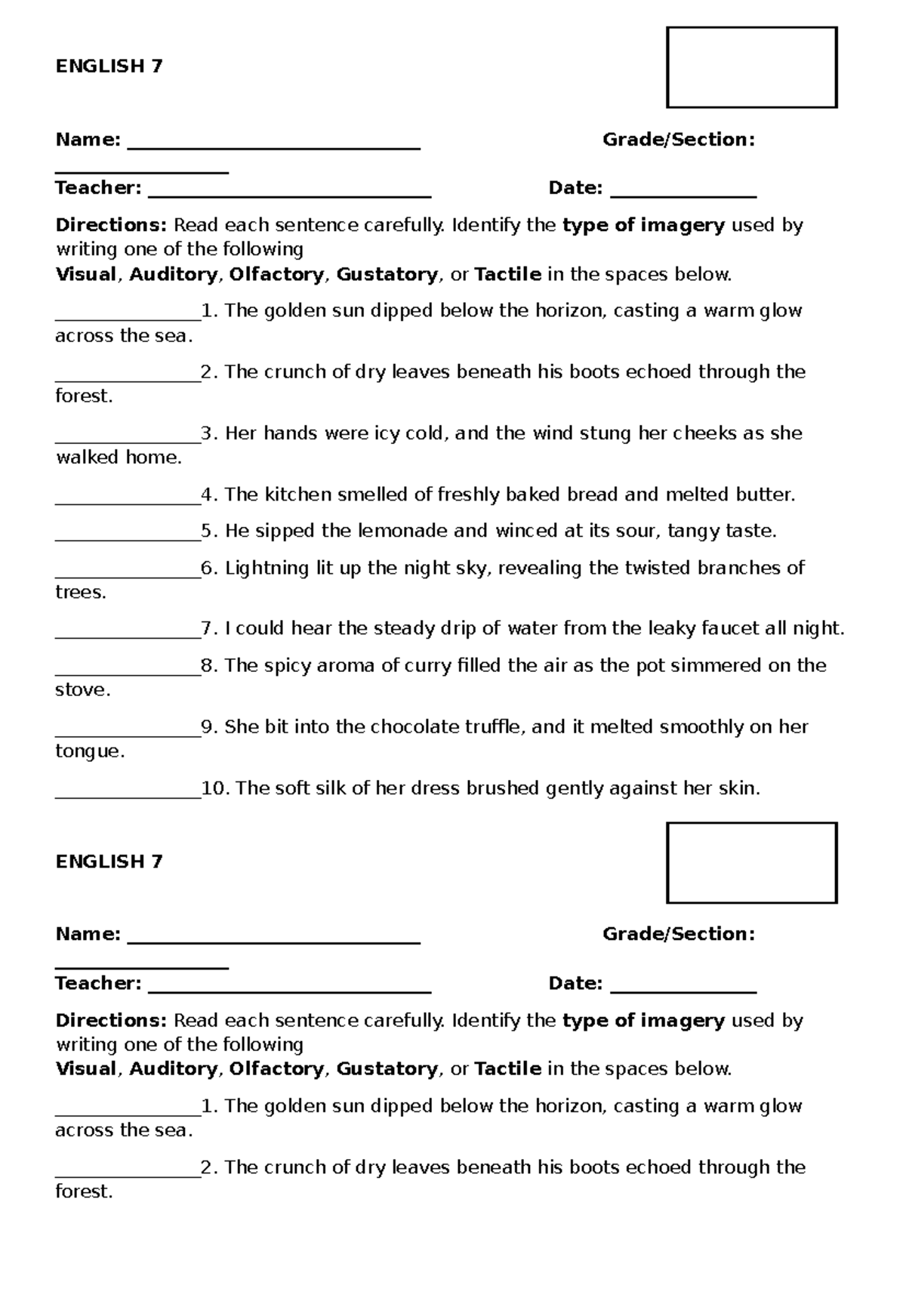 ENGLISH 7 Imagery Types Handout: Visual, Auditory, Olfactory, Gustatory ...