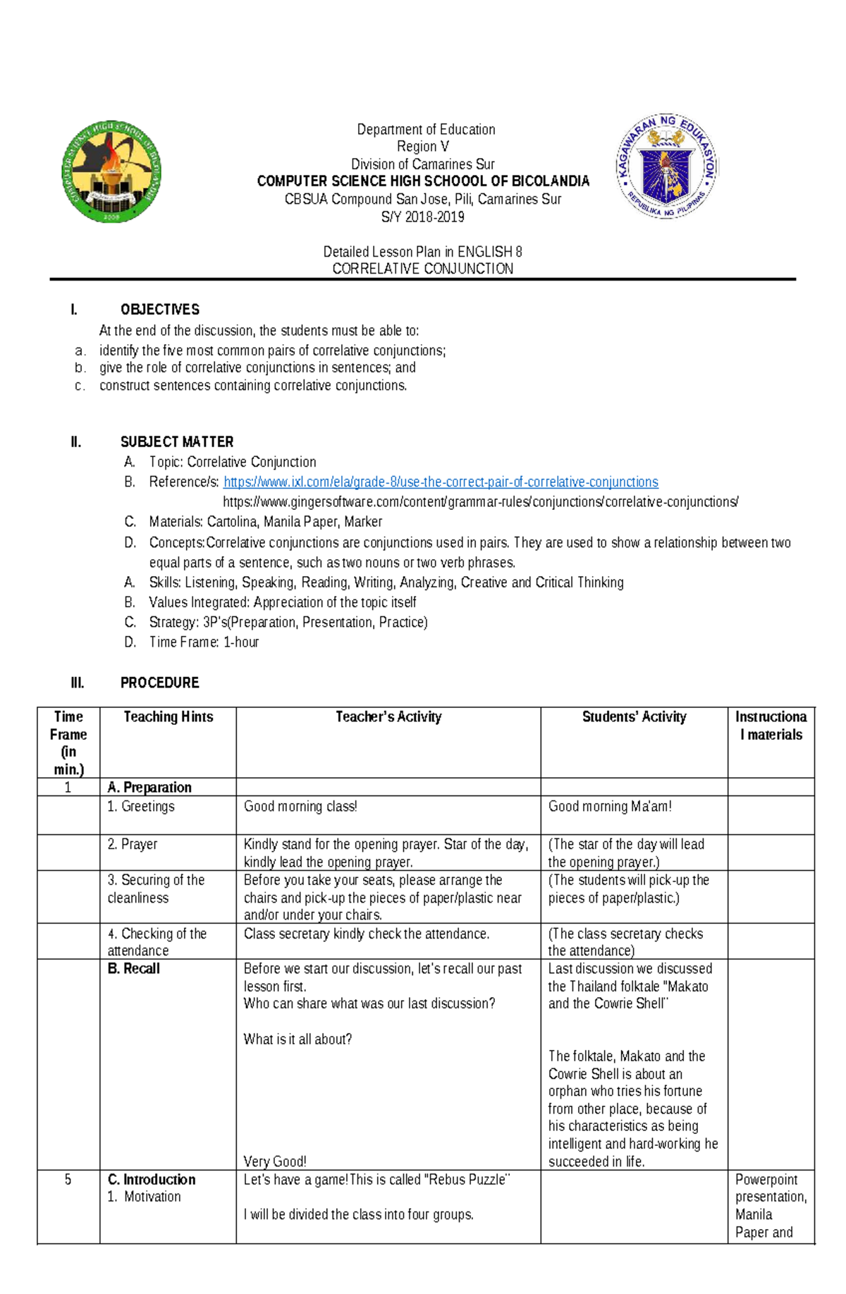 Detailed Lesson Plan on Correlative Conjunctions for ENGLISH 8 (LP ...