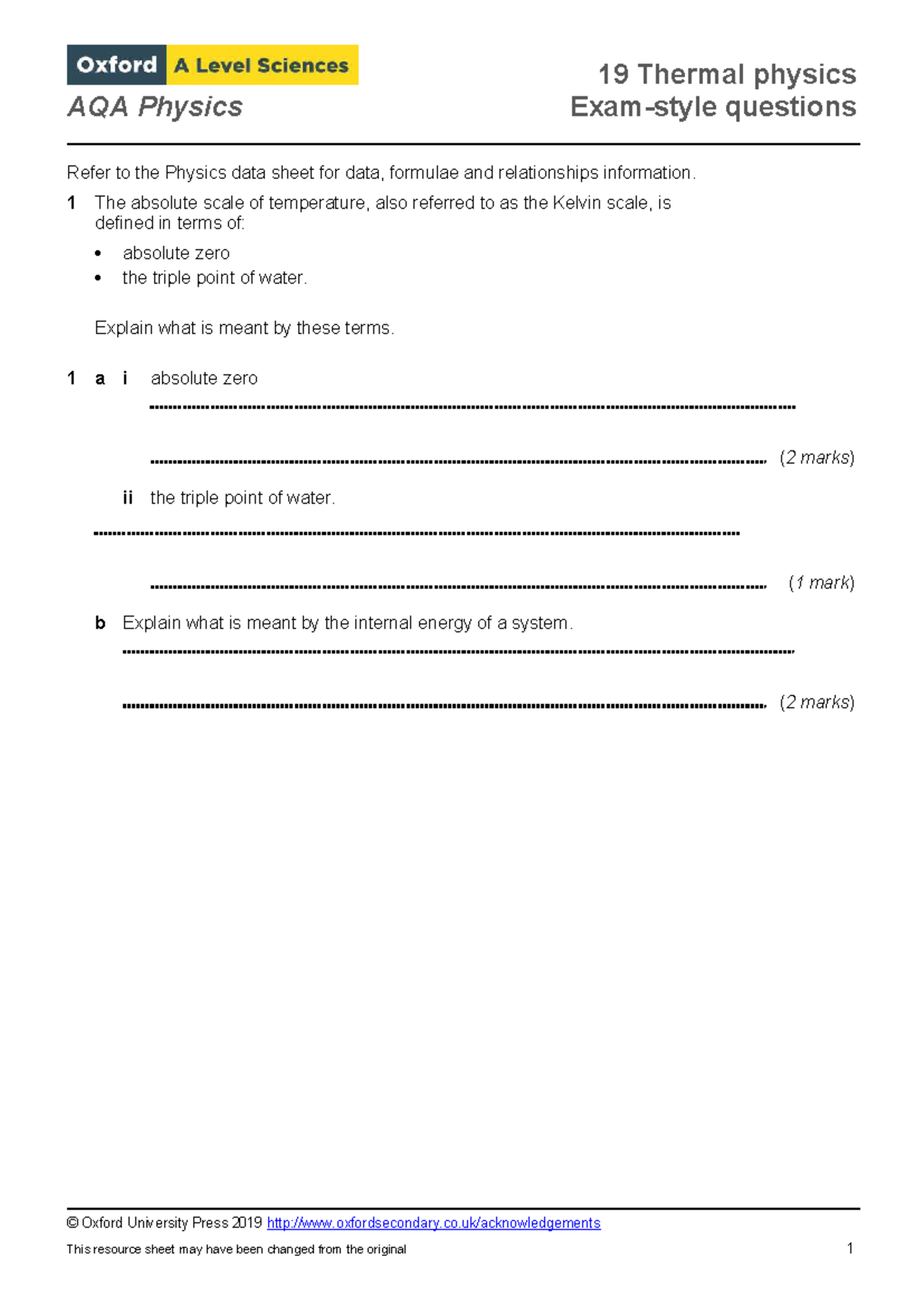 AQA Physics 19 Thermal Physics Practice Questions and Solutions - Studocu