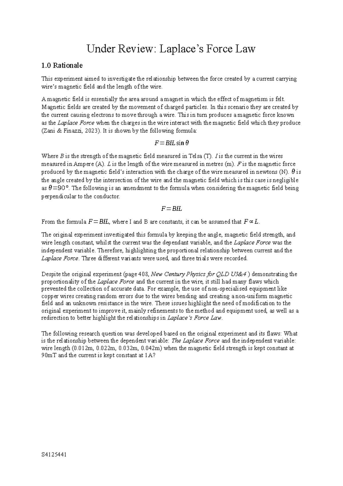 S4125441 Force Law Experiment: Investigating Laplace Force & Wire ...