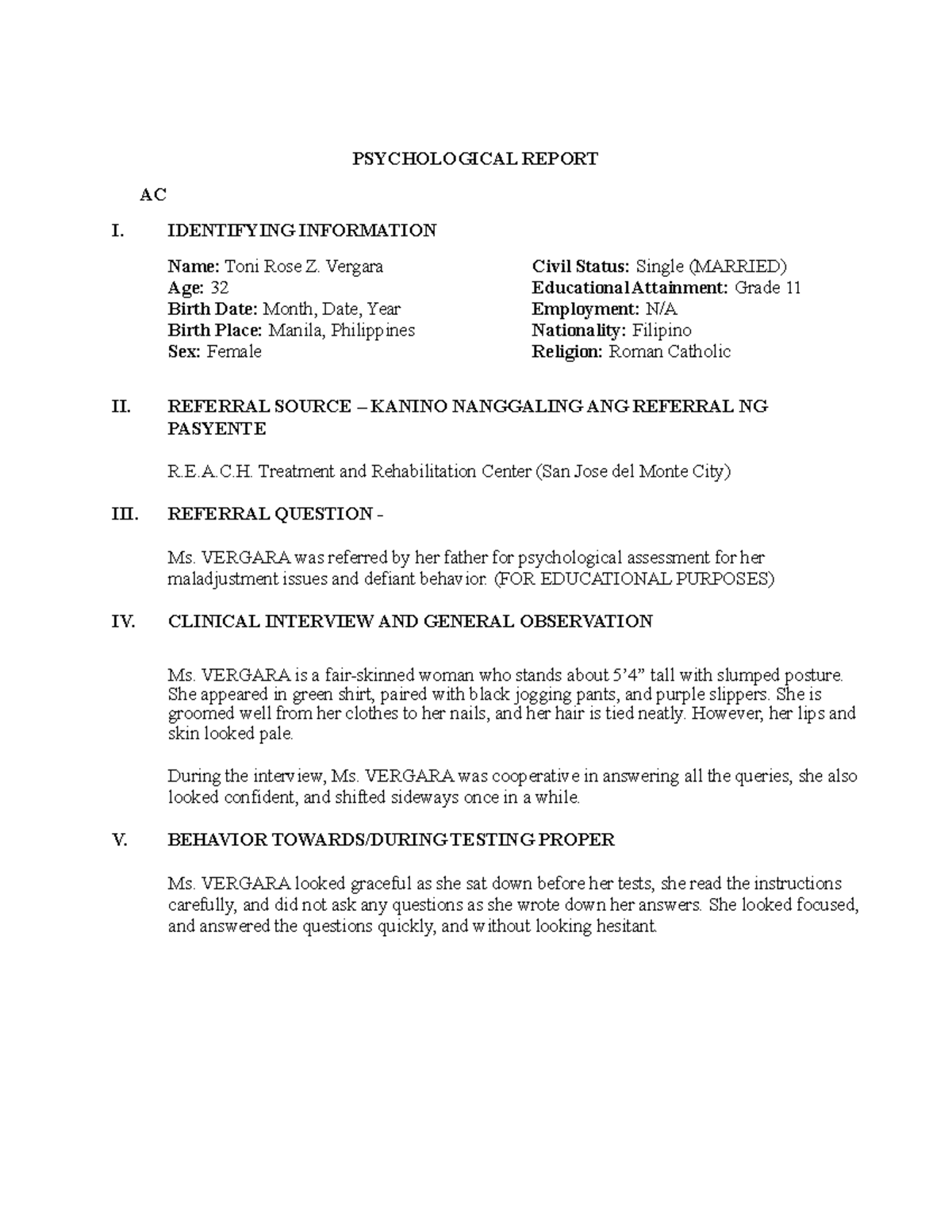 Psychological Report: Assessment of Toni Rose Z. Vergara - Studocu