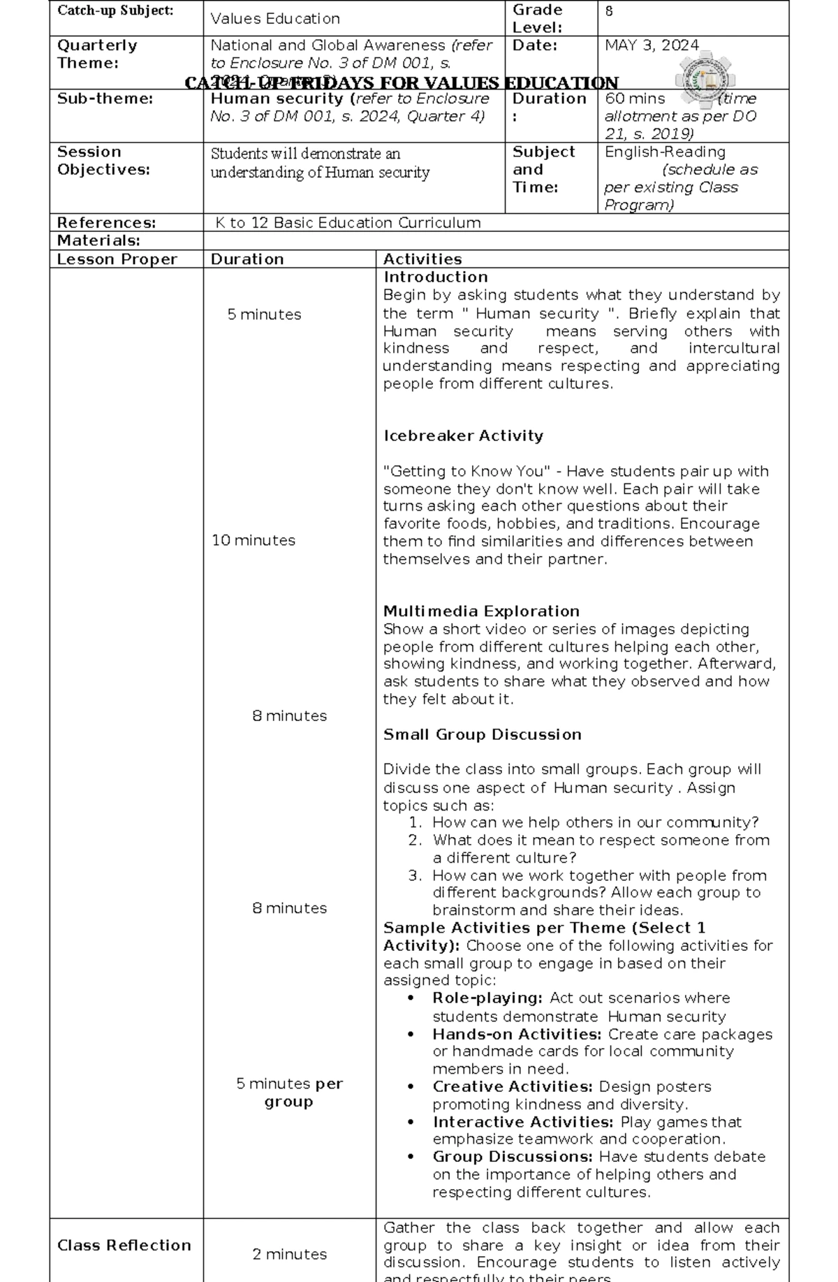 Lesson Plan for Values Education (Grade 10) - Week 3: Cooperation - Studocu