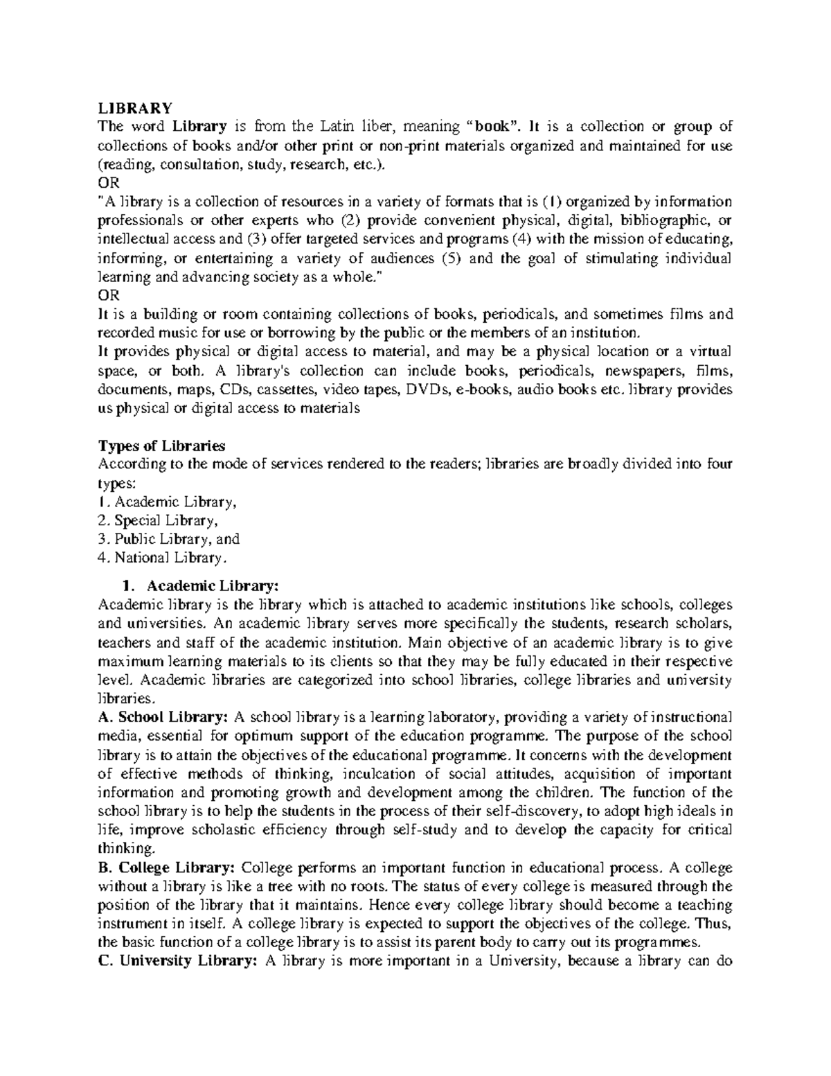 Library Notes - REVISION - LIBRARY The word Library is from the Latin ...