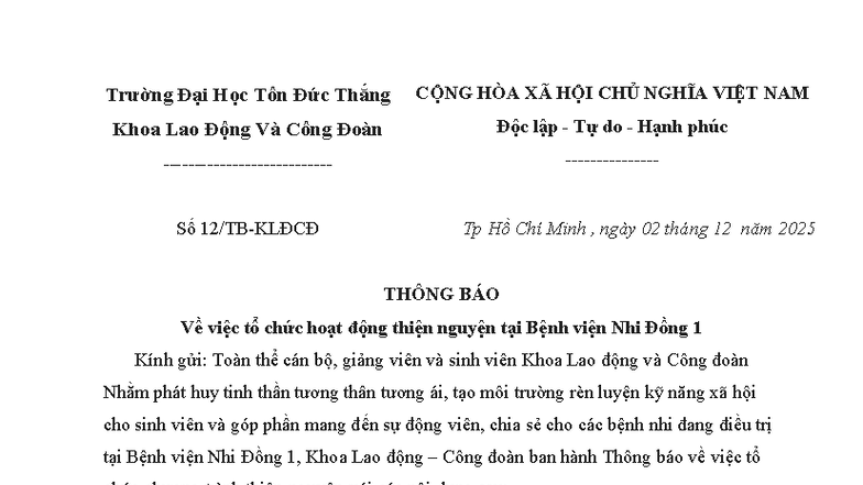 Thông Báo Hoạt Động Thiện Nguyện Tại Bệnh Viện Nhi Đồng 1 - Studocu