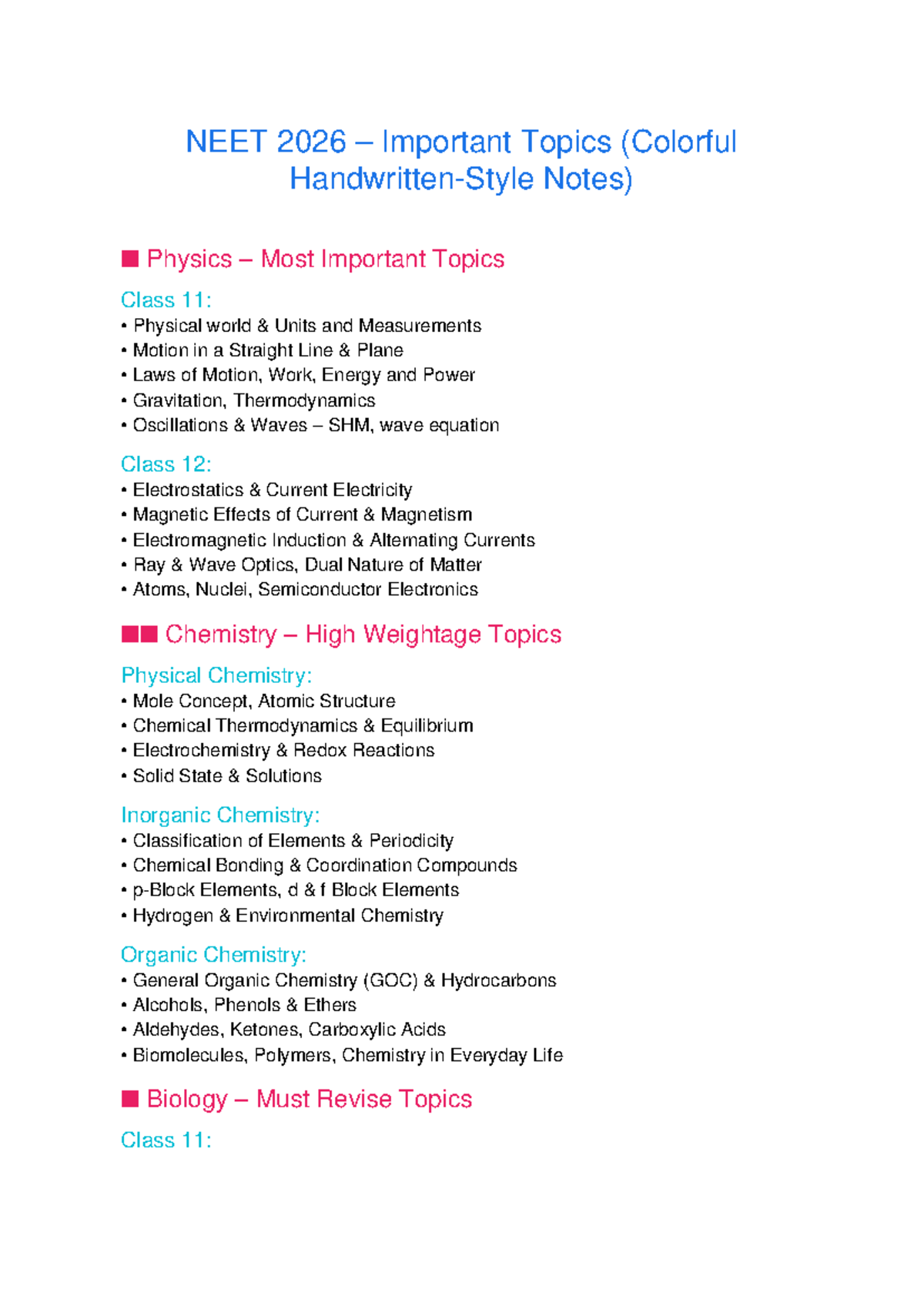 NEET 2026 Important Topics: Physics, Chemistry & Biology Syllabus - Studocu