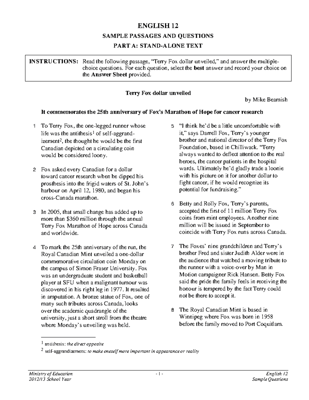 ENGLISH 12 SAMPLE PASSAGES AND QUESTIONS: TERRY FOX COIN UNVEILING ...