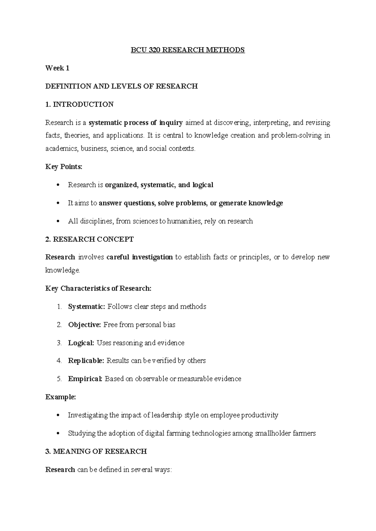 BCU 320 Research Methods Notes: Week 1 Overview and Key Concepts - Studocu