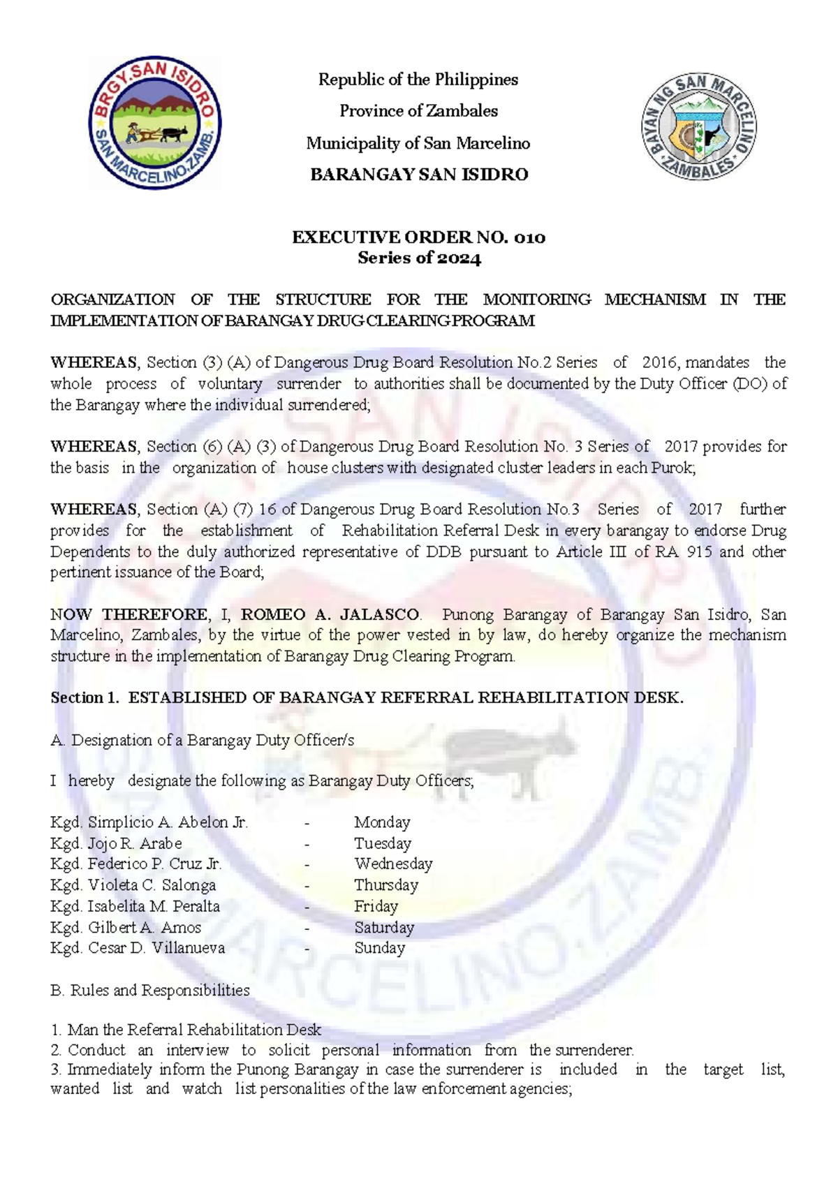 Barangay San Isidro Executive Orders on Drug Clearing & Peace Order ...