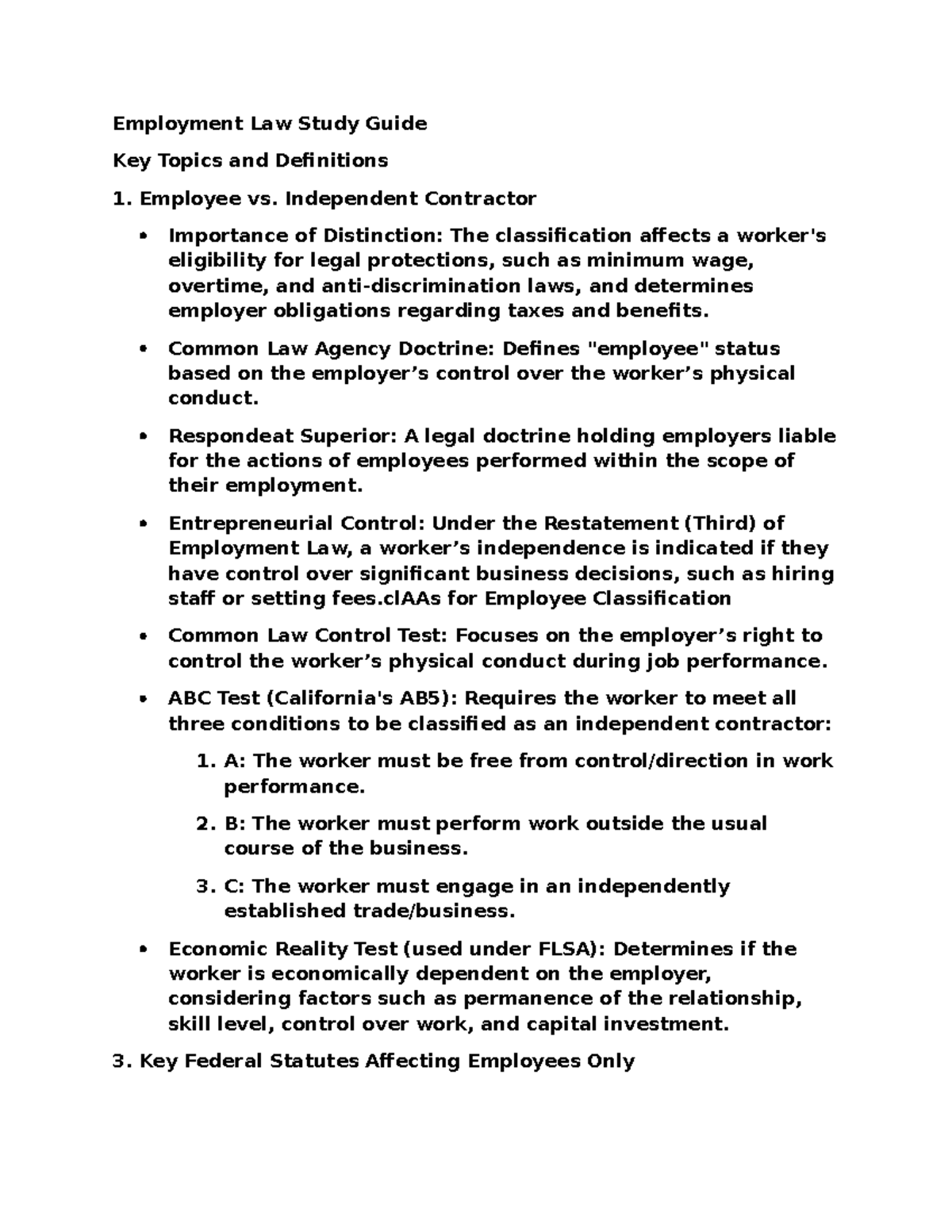 Employment Law Study Guide - Employee vs. Independent Contractor ...