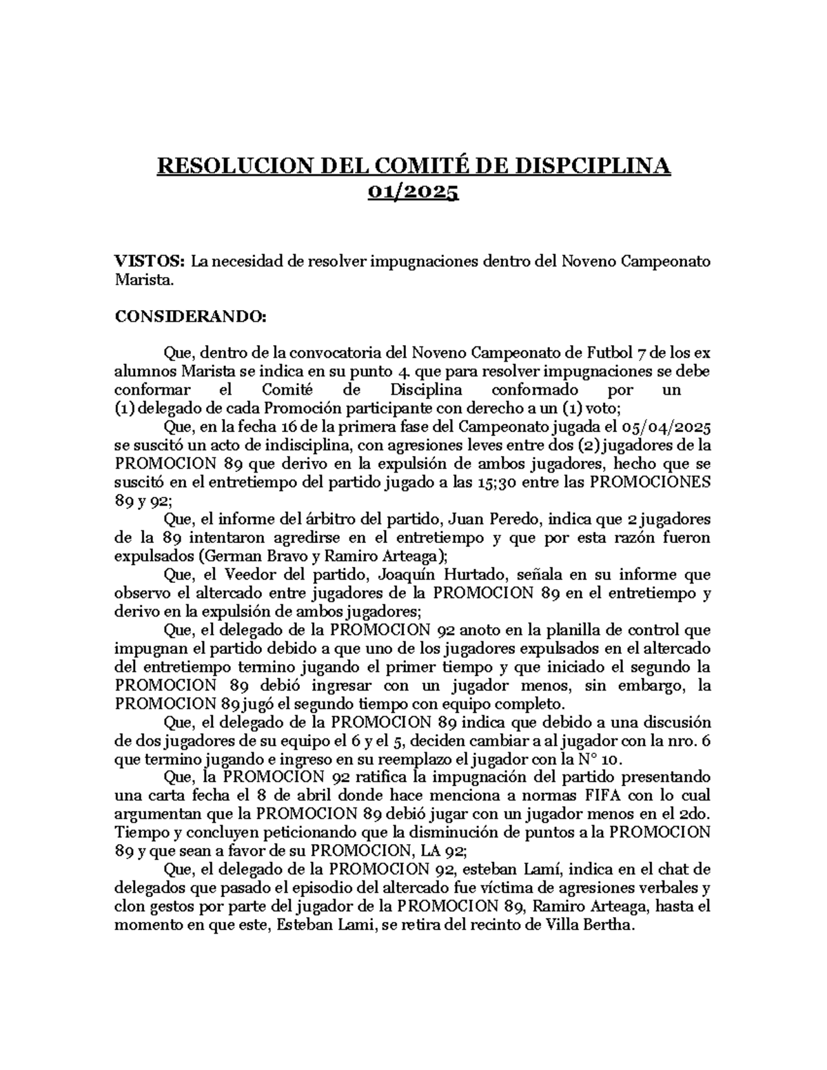 Resolución del Comité de Disciplina - Noveno Campeonato Marista 2025 ...